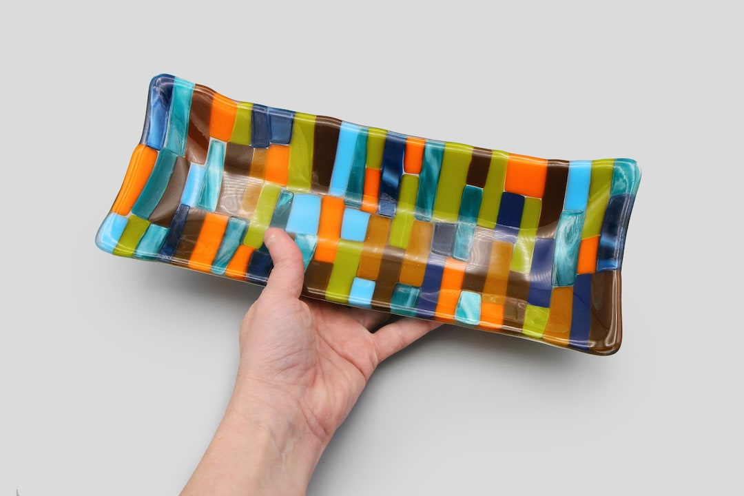 Unique Hand Blown Glass Colorful Tray, MCM Art Glass Tray, Fused Glass ...