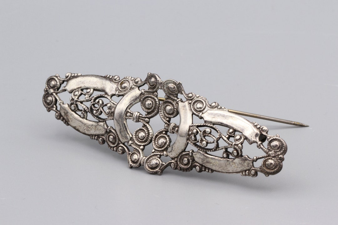 Antique 1910s Large Filigree Bar Brooch, 925 Sterling Silver Scroll ...
