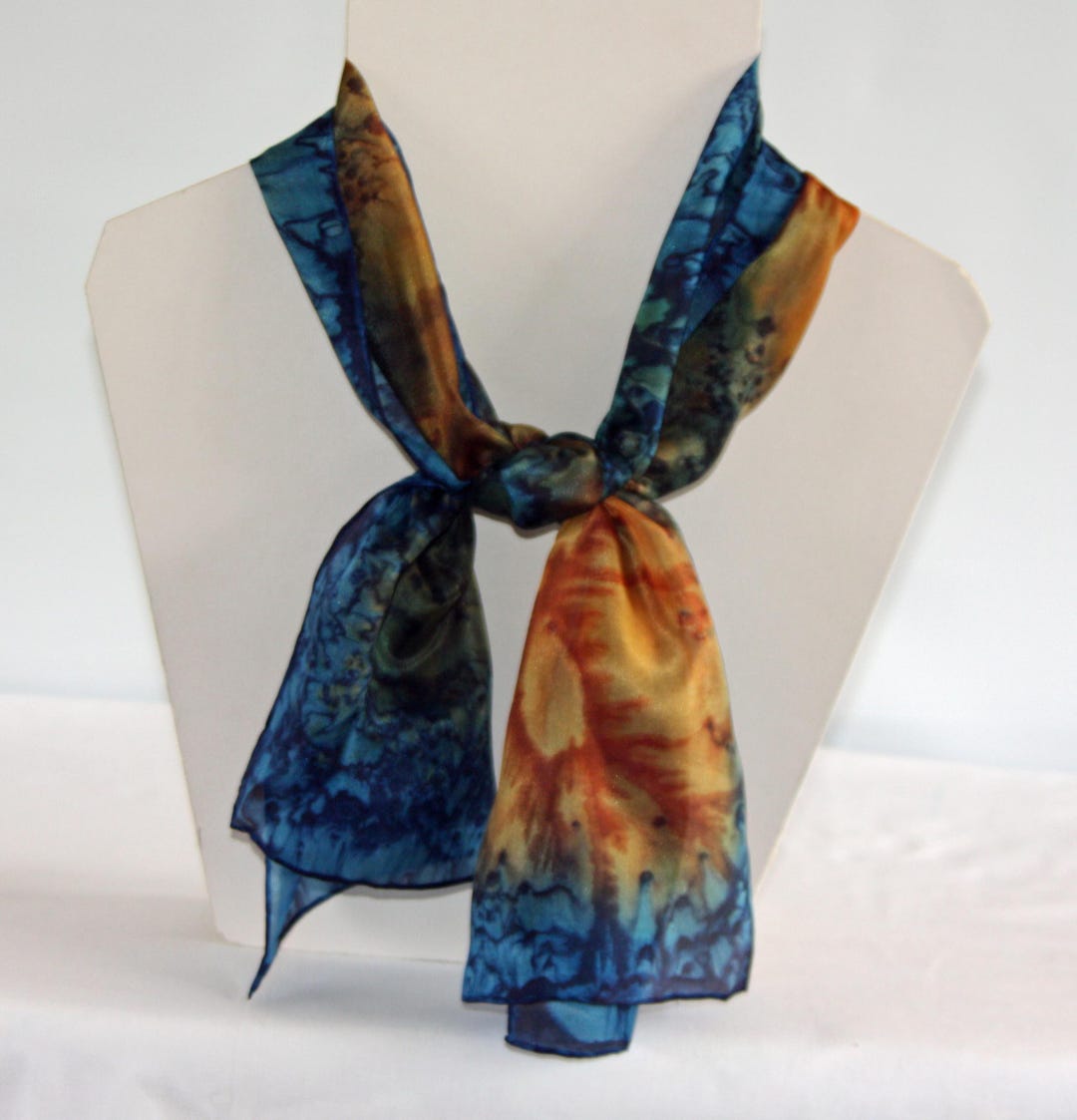 Navy Blue and Orange Long Small Silk Scarf, Necktie, Gift Boxed Scarf ...