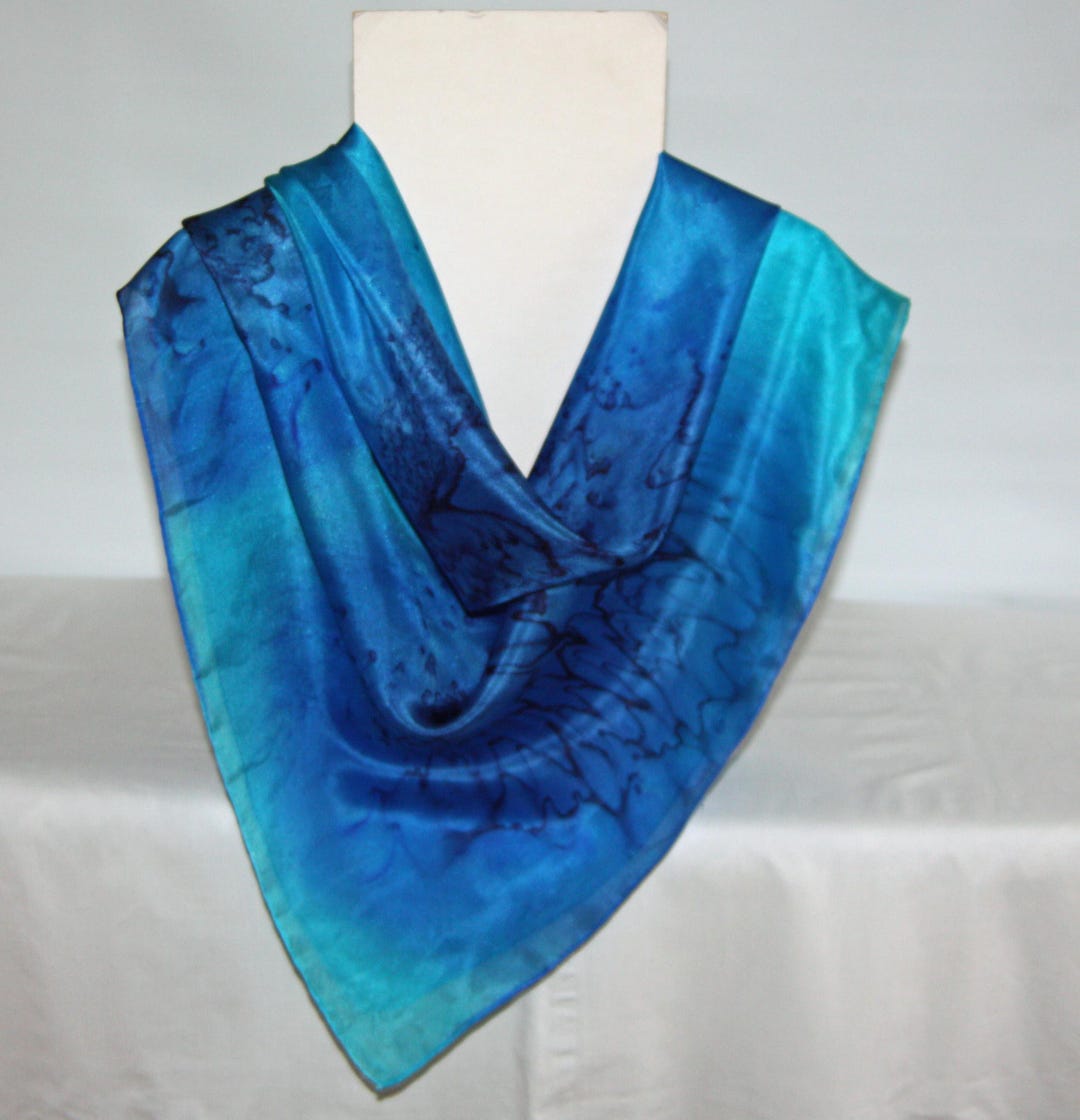 Navy Blue, Royal Blue and Turquoise Hand Dyed Square Silk Scarf, Head ...