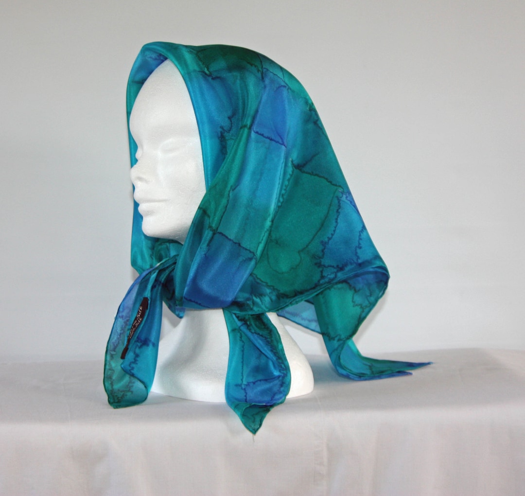Royal Blue Turquoise and Emerald Green Square Silk Headscarf, Silk ...