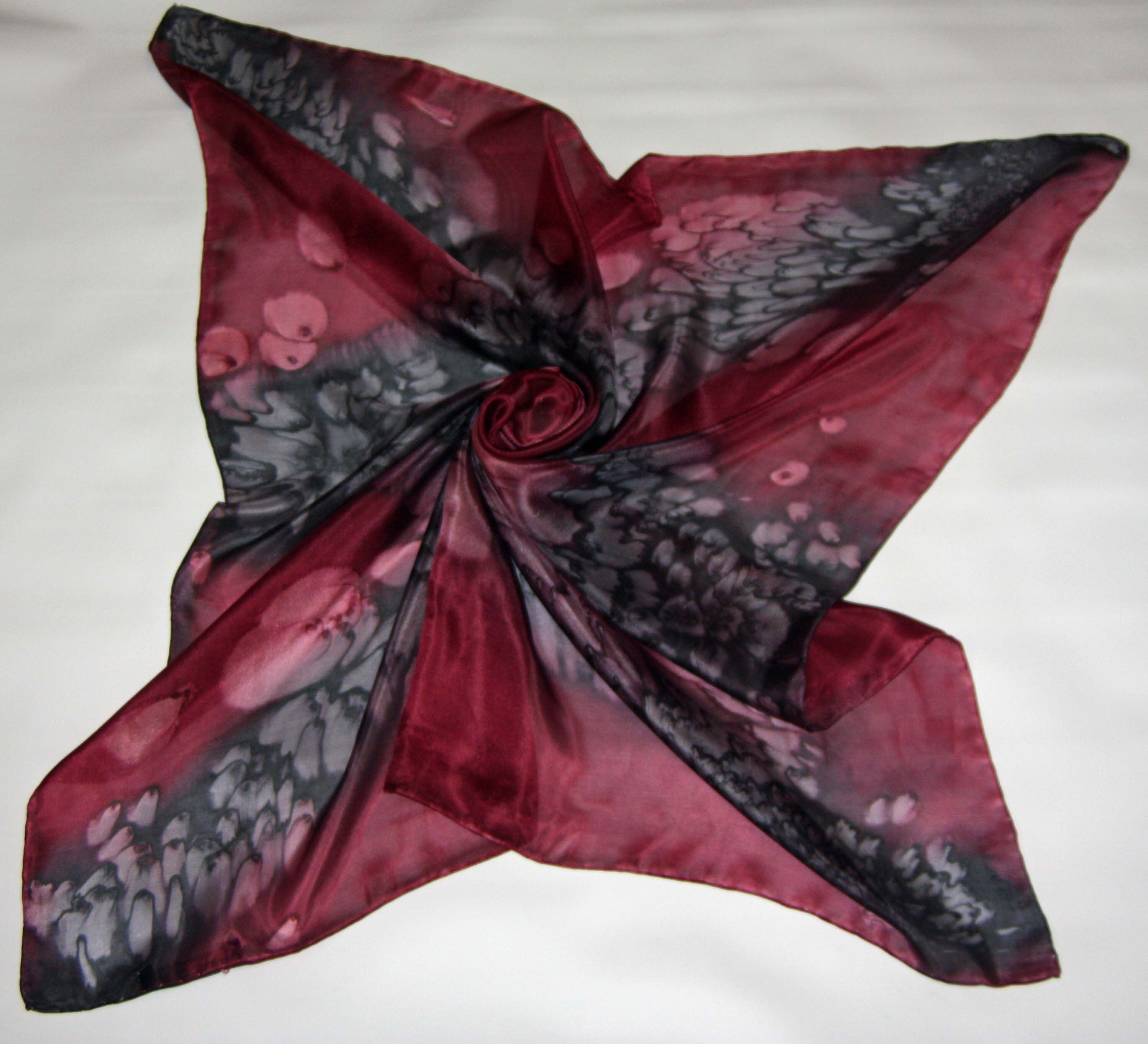 Burgundy Red and Black Large Square Silk Scarf, Silk Shawl, Silk Head ...