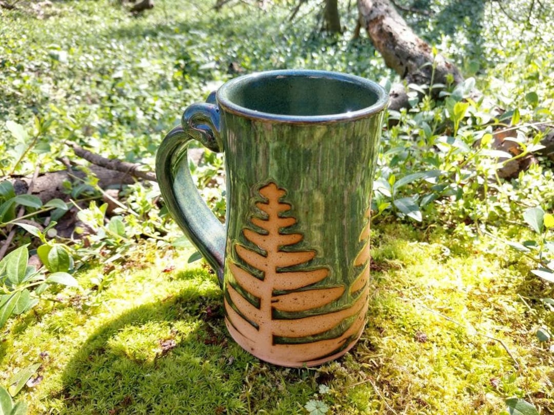 Handmade Fern Pottery Mug, Green Glaze, 16 Oz - Etsy