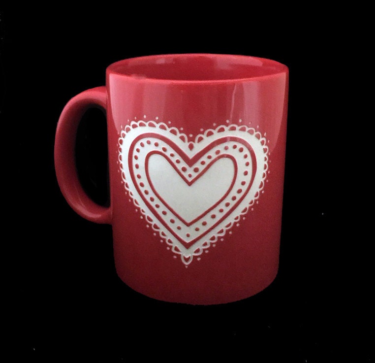 Red Decorative Heart Custom Etched Hot Beverage Ceramic Tea Coffee Mug ...