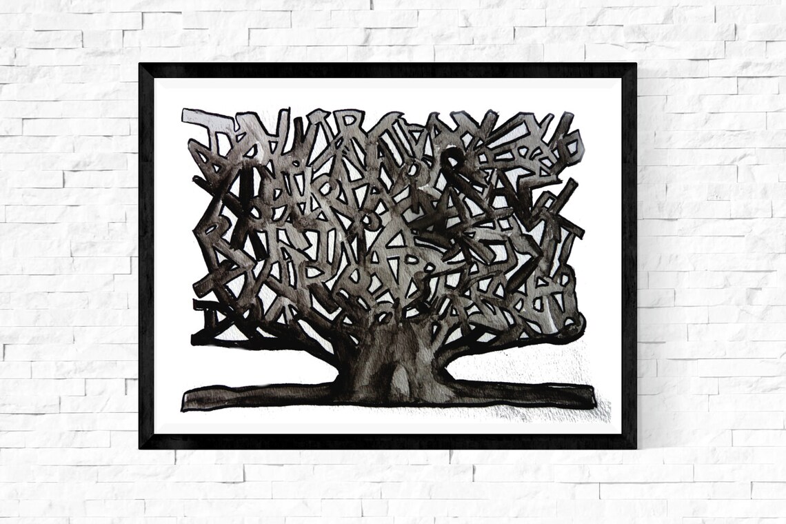 Watercolor Painting Art Print, Tree Illustration, Black and White Art ...