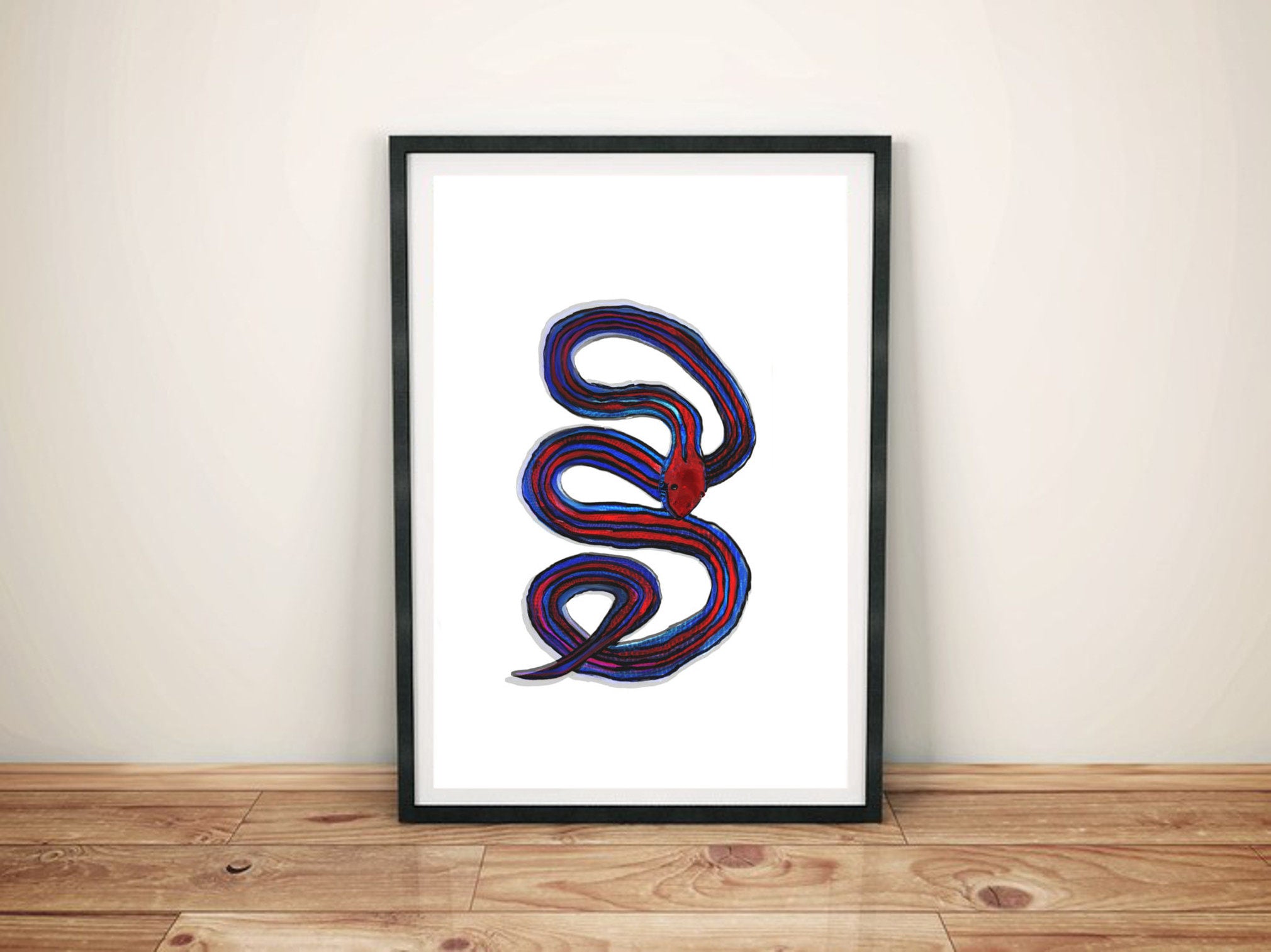 Snake Art Print, Reptile Wall Art, Endangered Species Art, Red Blue ...