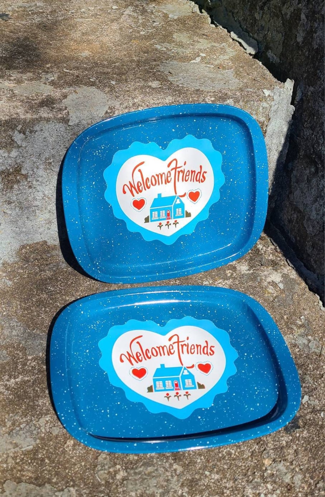 Vintage Metal Serving Trays Welcome Friends Metal Tray 80's Metal Trays ...