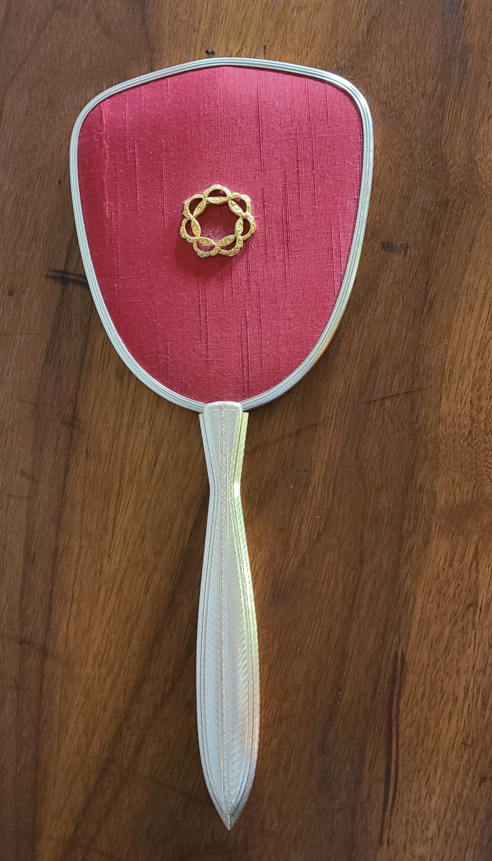 Vintage Hand Mirror Vanity Hand Mirror Red Silk Embellished Hand Mirror ...