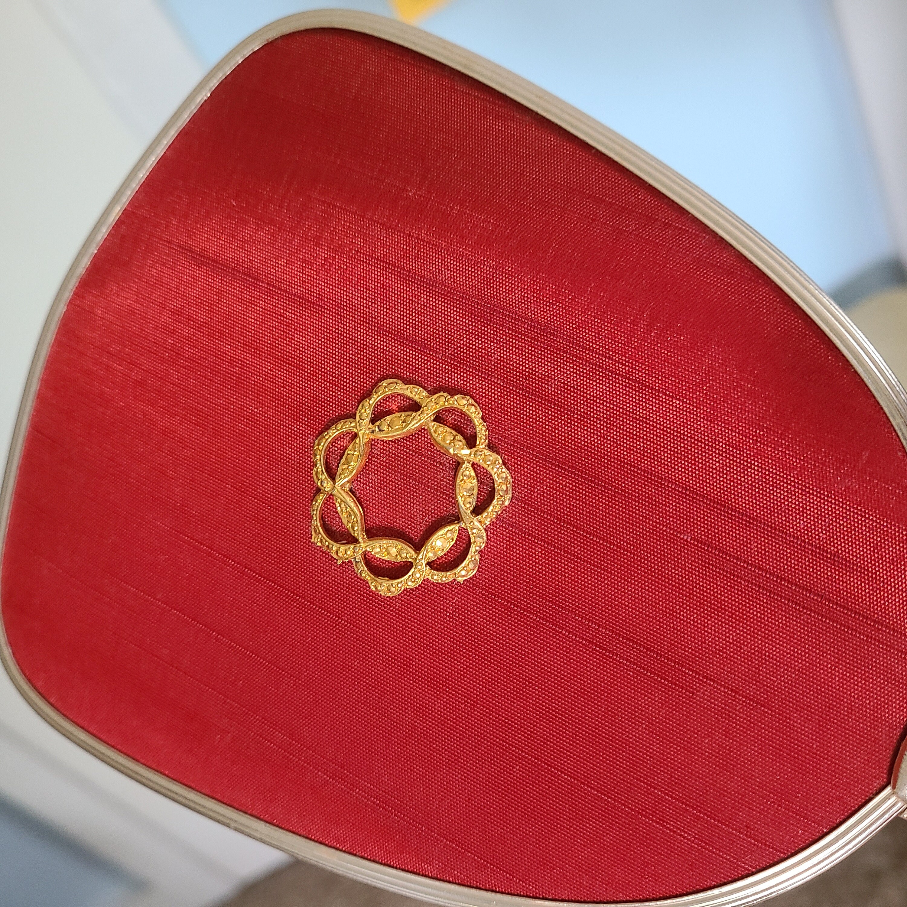 Vintage Hand Mirror Vanity Hand Mirror Red Silk Embellished Hand Mirror ...