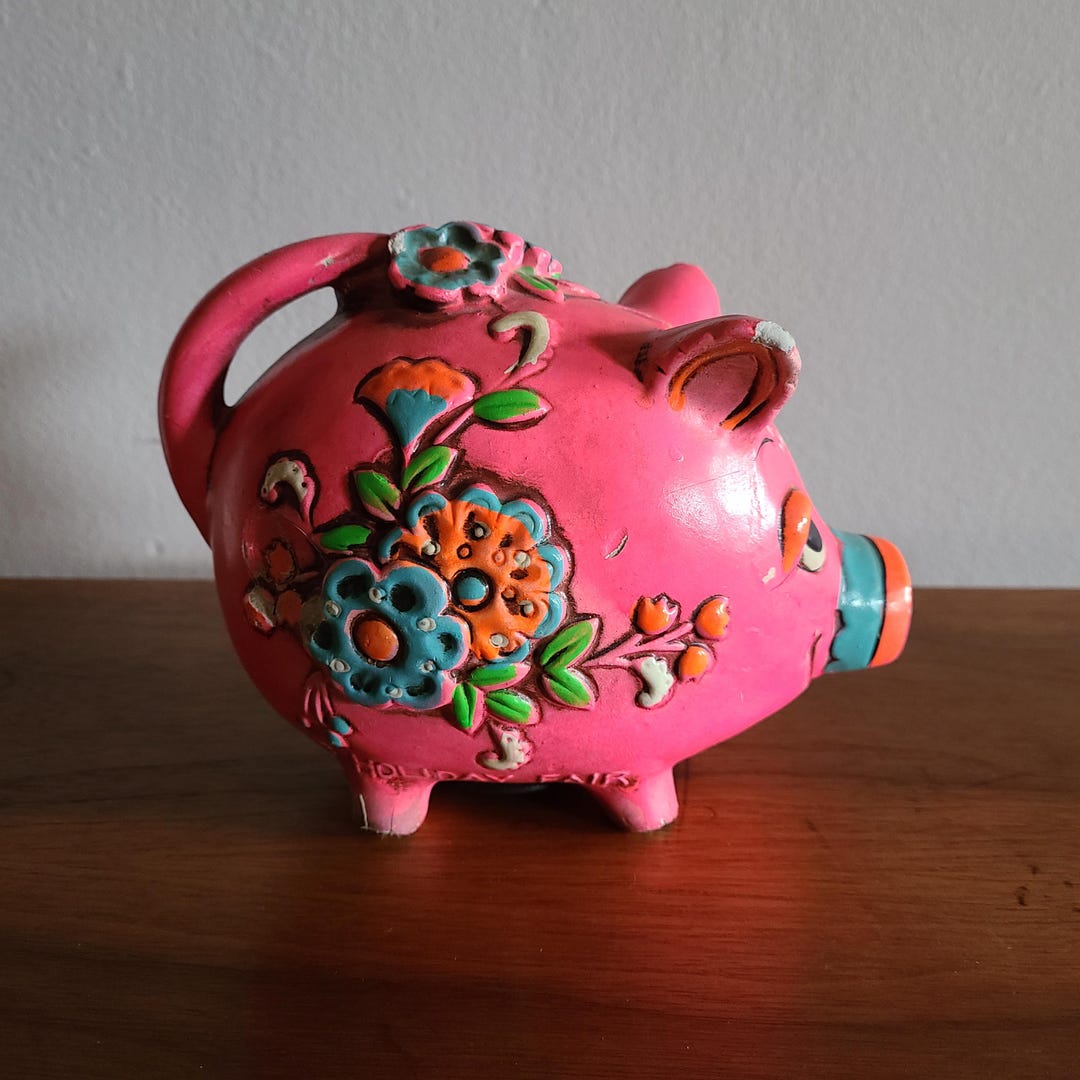 Vintage Pink Piggy Bank 1960's Holiday Fair Psychedelic Pink Floral ...