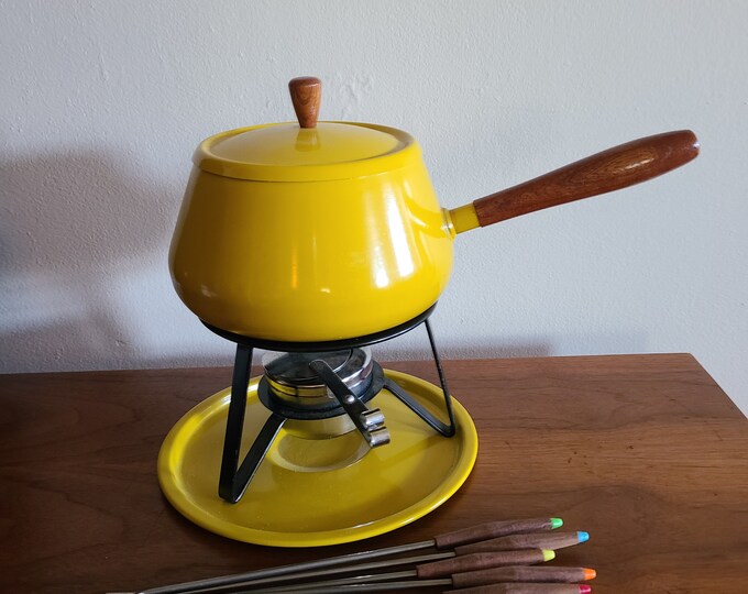 Vintage Fondue Set Yellow Enamel Fondue Pot With Forks Complete Set ...