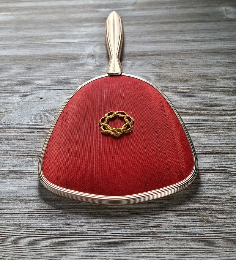 Vintage Hand Mirror Vanity Hand Mirror Red Silk Embellished Hand Mirror ...