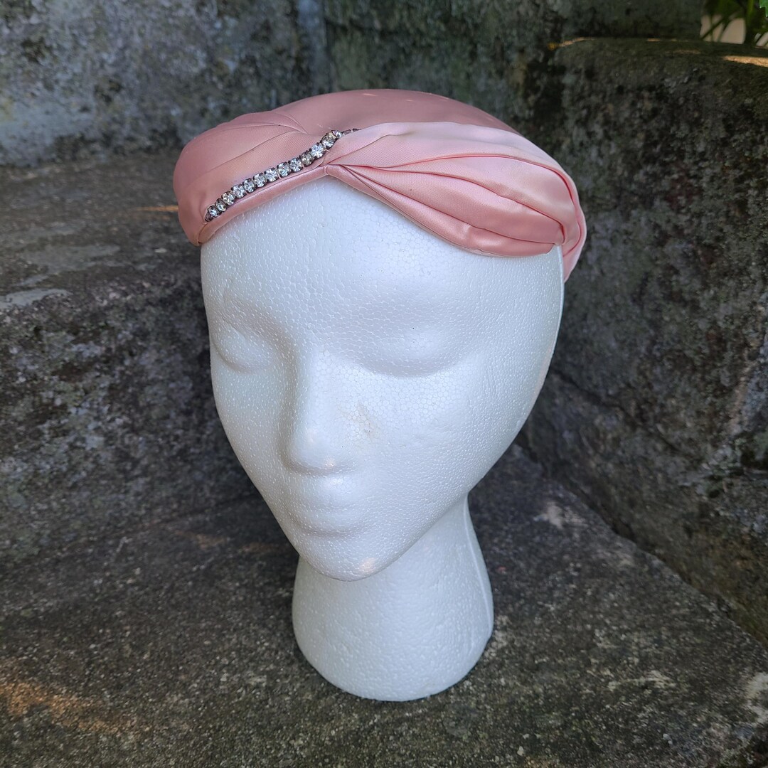 Vintage Pink Satin Calot Hat With Rhinestone Accents Original Belmar ...
