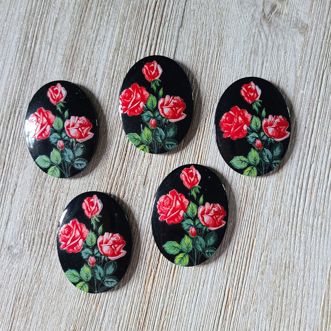 Vintage Cabochons Black Porcelain Cabochons 1970s Floral Cabs for ...