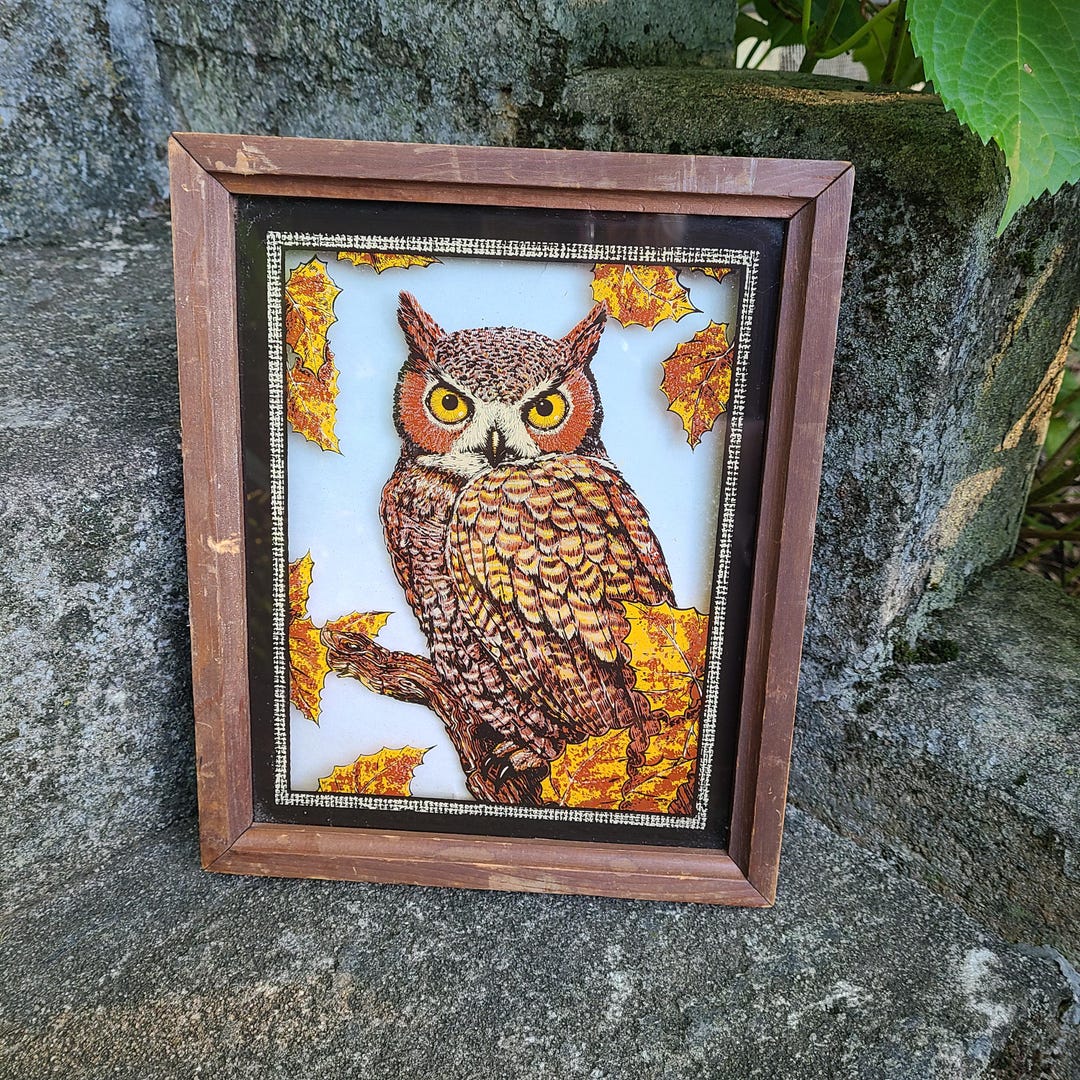Vintage Reverse Glass Owl Wall Art 1970's Owl Wall Picture 80s Brown ...