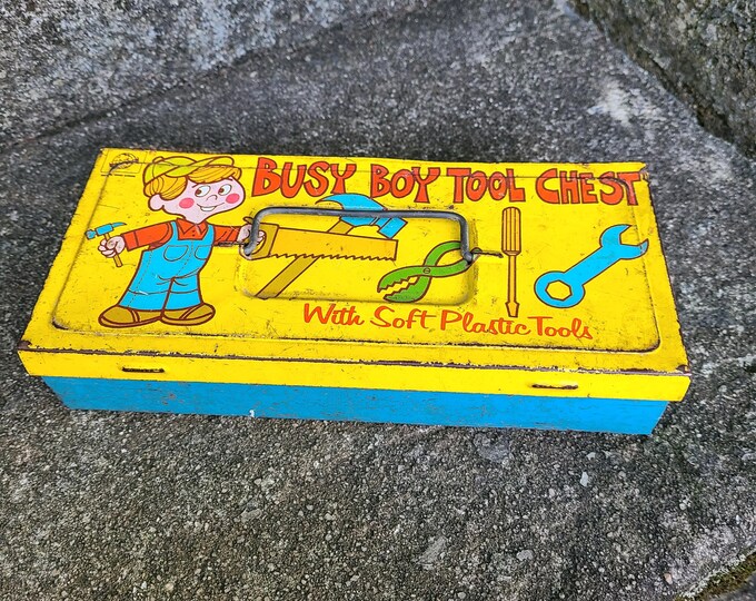 Vintage Metal Kids Tool Box 1960's Metal Busy Boy Tool Chest Pretend ...