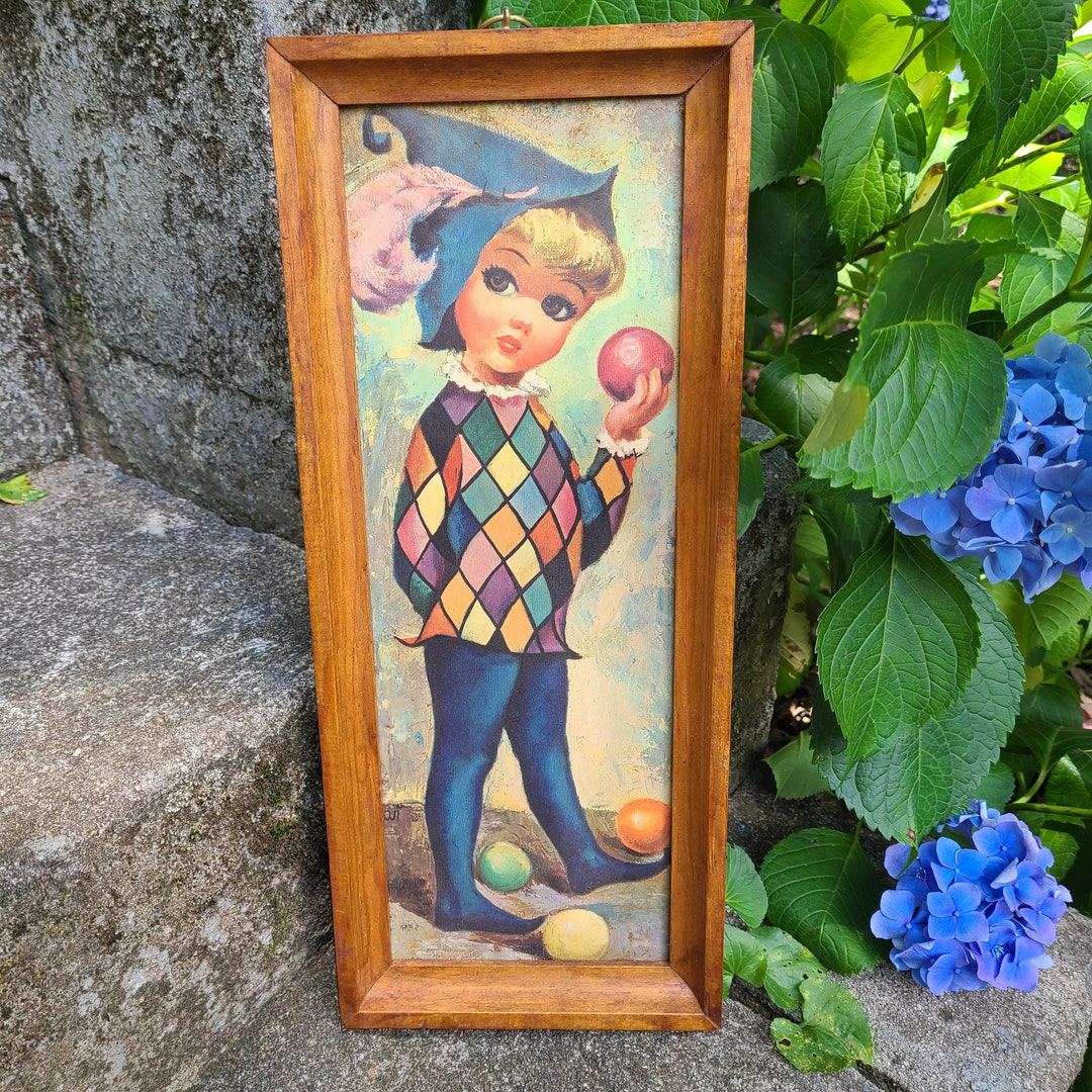 Vintage Big Eye Girl Wall Art Goji Kid Jester Print 60s Big Eye Girl ...