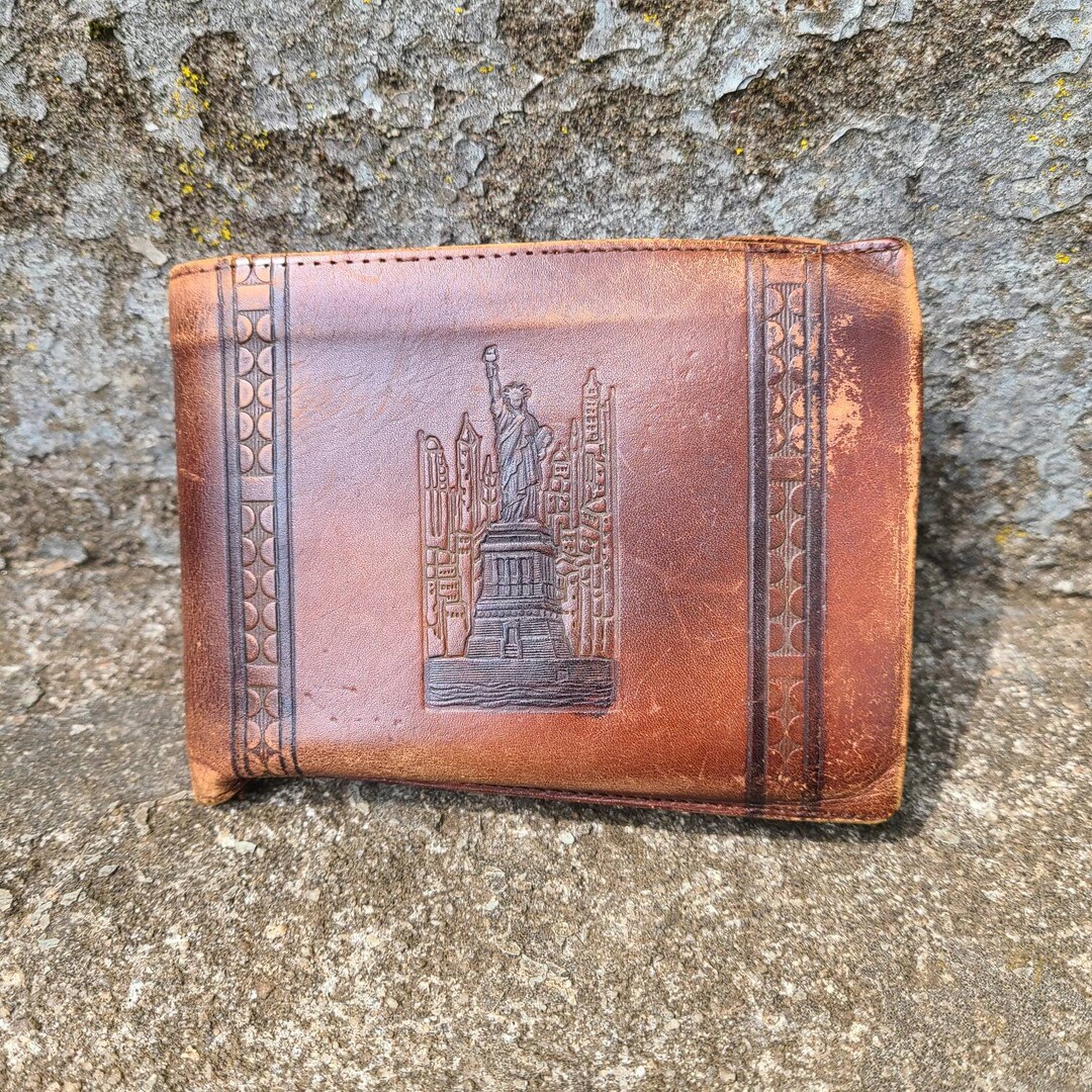 Vintage Leather Billfold Statue of Liberty Wallet Tooled Leather Wallet ...