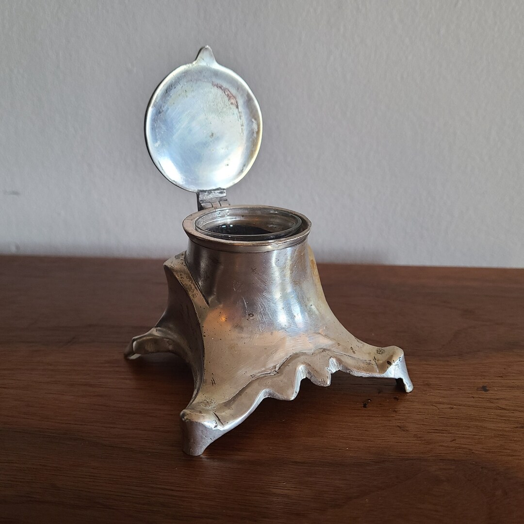 Vintage Ink Well Art Deco Antique Ink Well With Glass Insert Silver ...