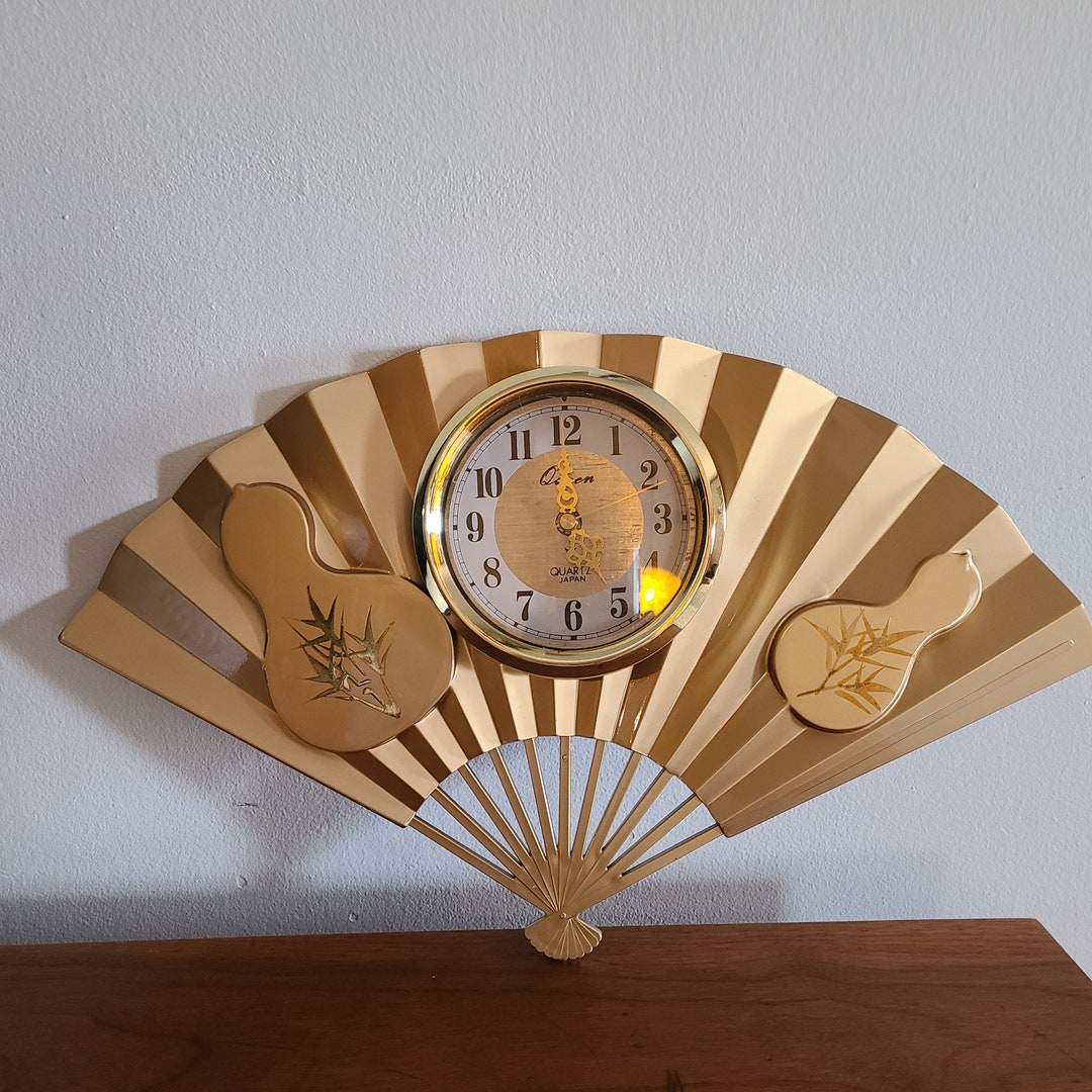 Vintage Gold Fan Clock 1970's Hand Fan Wall Clock Asian Gold Fan Wall ...