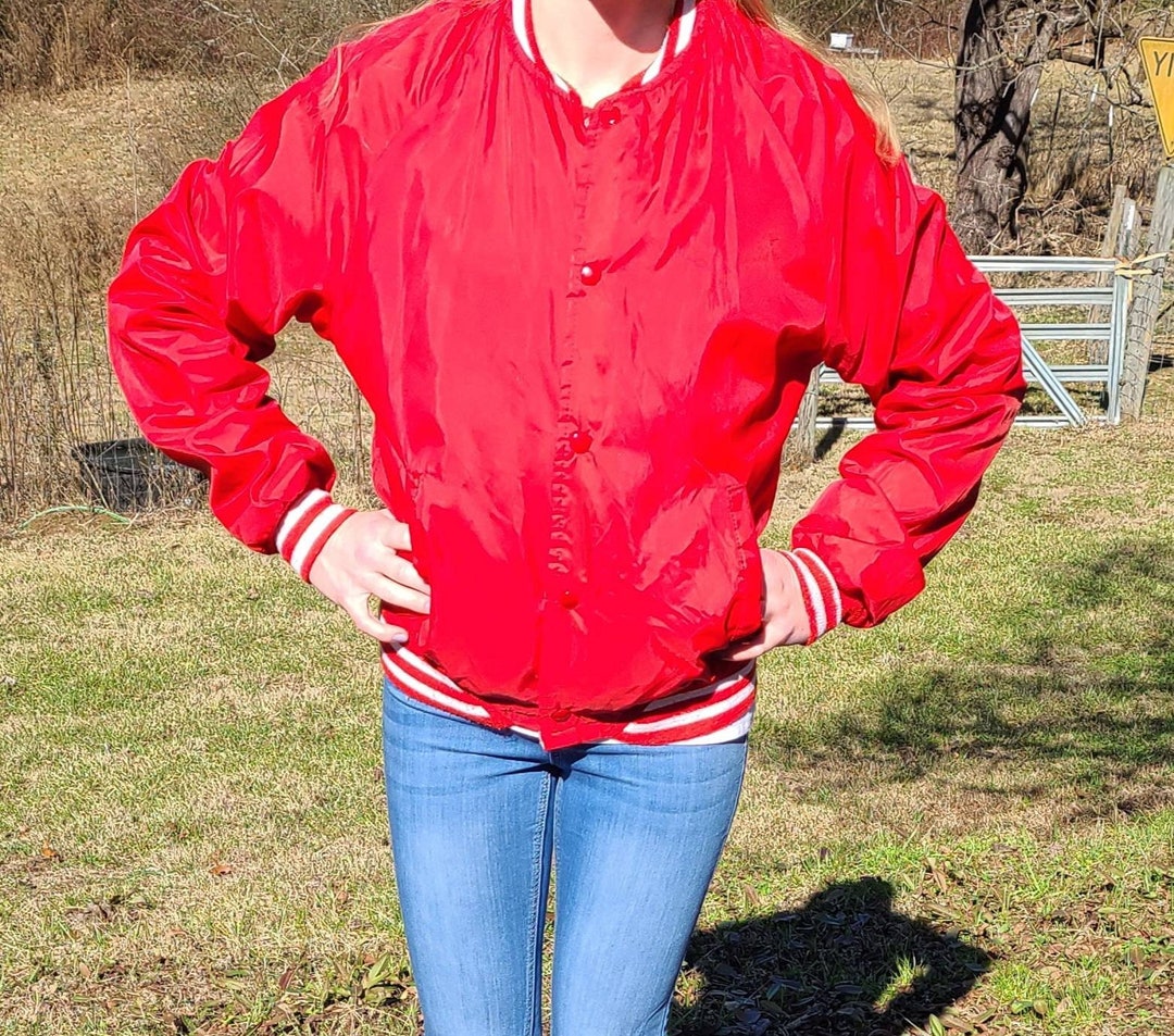 1980's Red Bomber Jacket Vintage Red Satin Jacket 80's Stadium Jacket ...