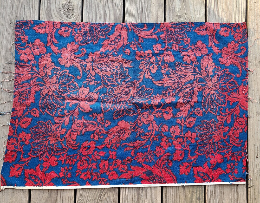 Vintage Floral Barkcloth 1960's Red and Blue Floral Bark Cloth Fabric ...