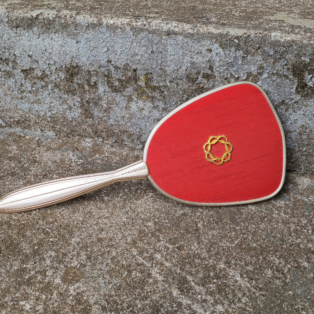 Vintage Hand Mirror Vanity Hand Mirror Red Silk Embellished Hand Mirror ...
