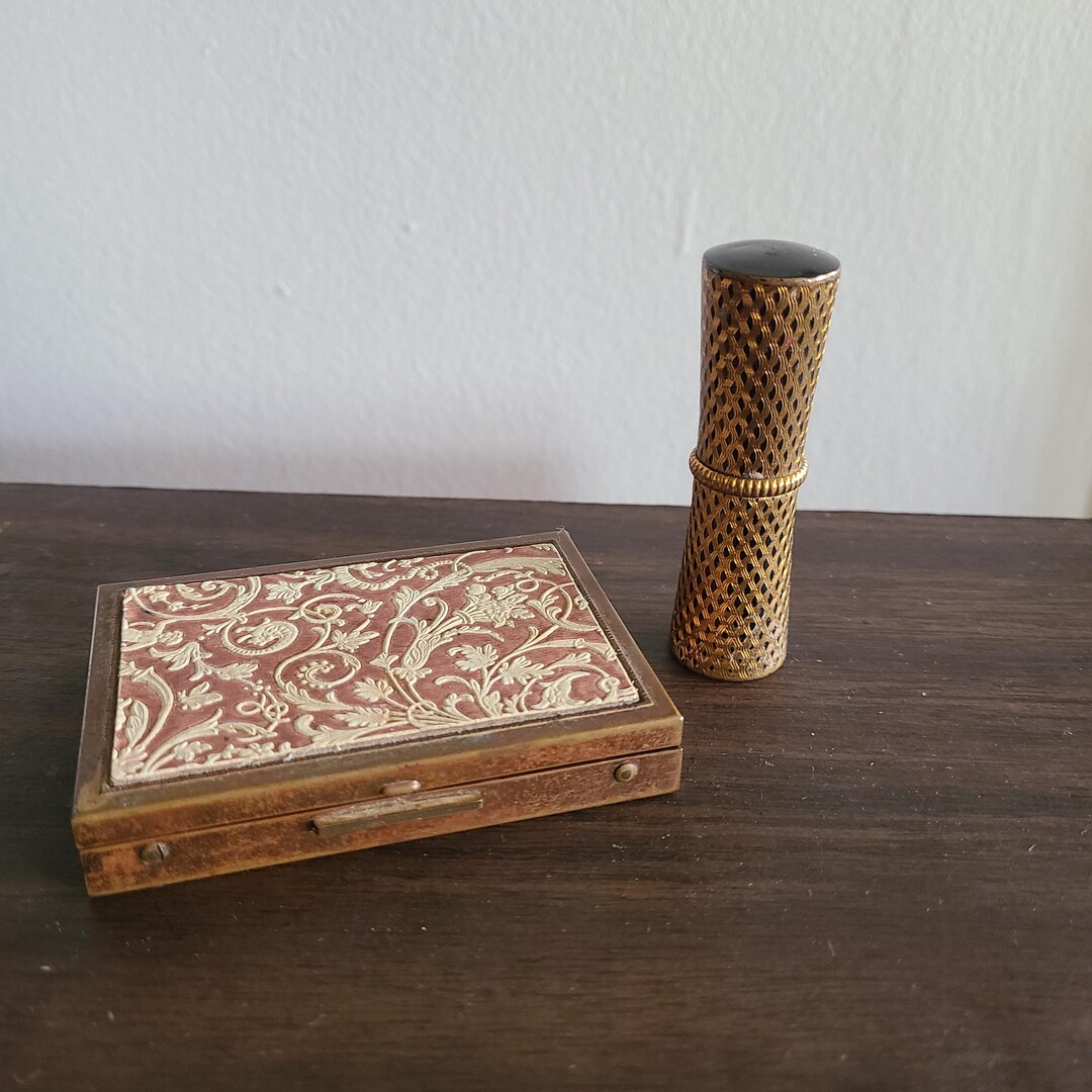 Vintage Powder Compact and Lipstick 1950s Zell Fifth Avenue Gold Metal ...