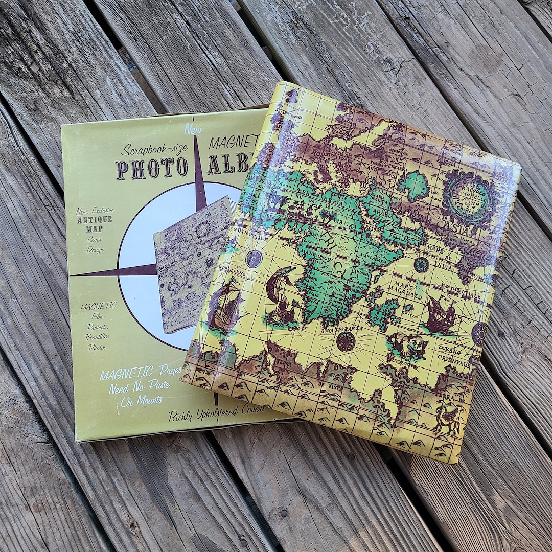 Vintage Photo Album 1950's Antique Map Photo Album Magnetic Scrapbook ...