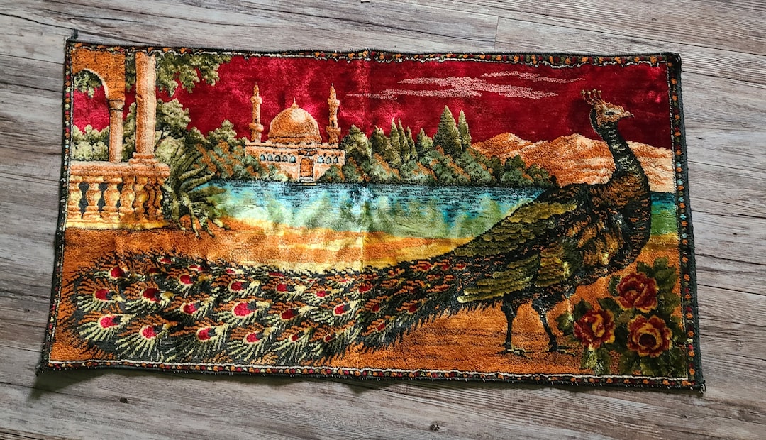 Vintage Peacock Tapestry 1970's Velvet Middle Eastern Tapestry Bohemian ...