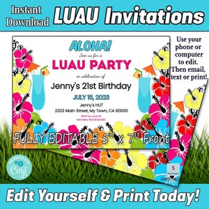 Editable Luau Hawaiian Party Invitation Printable Bridal Shower ...
