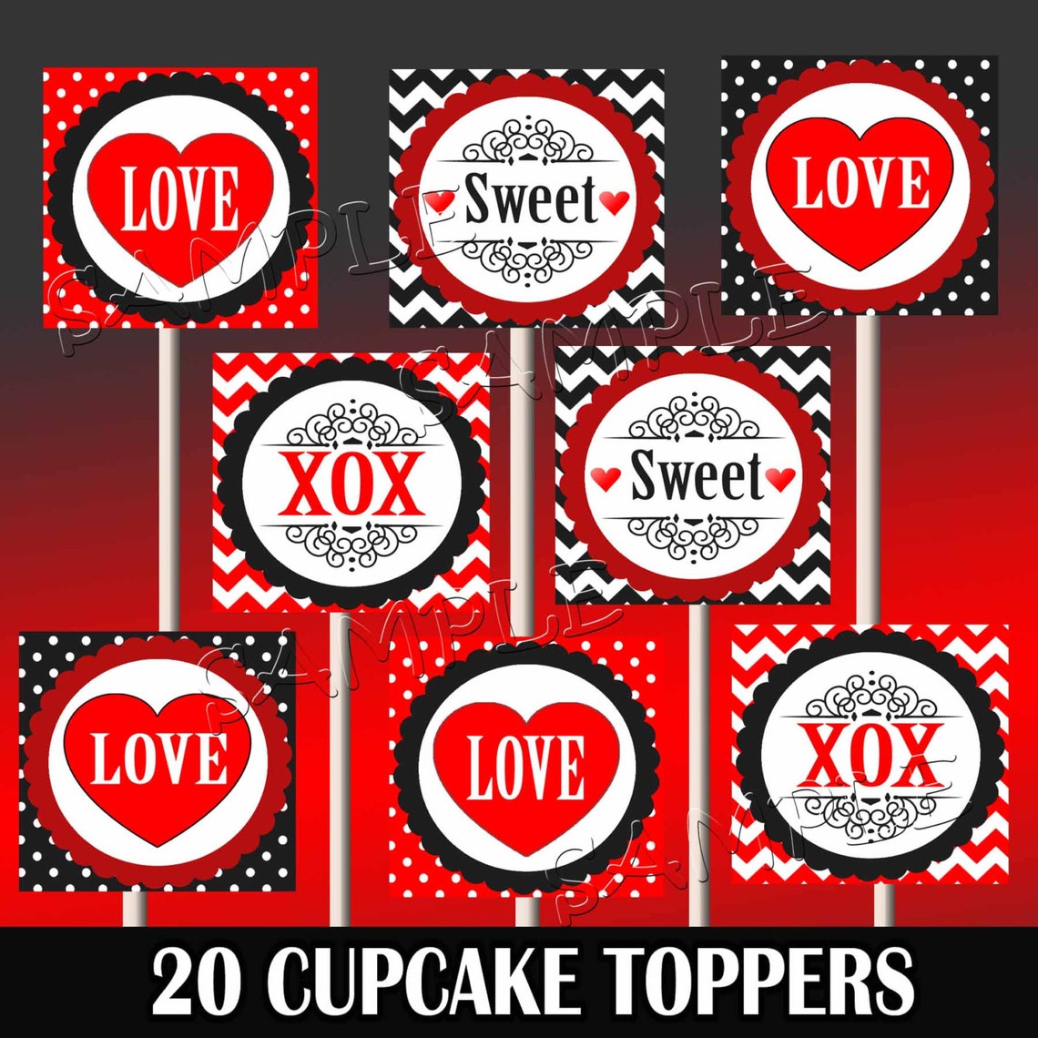 Valentine's Day Cupcake Toppers Printable DIY Set of 20 - Etsy