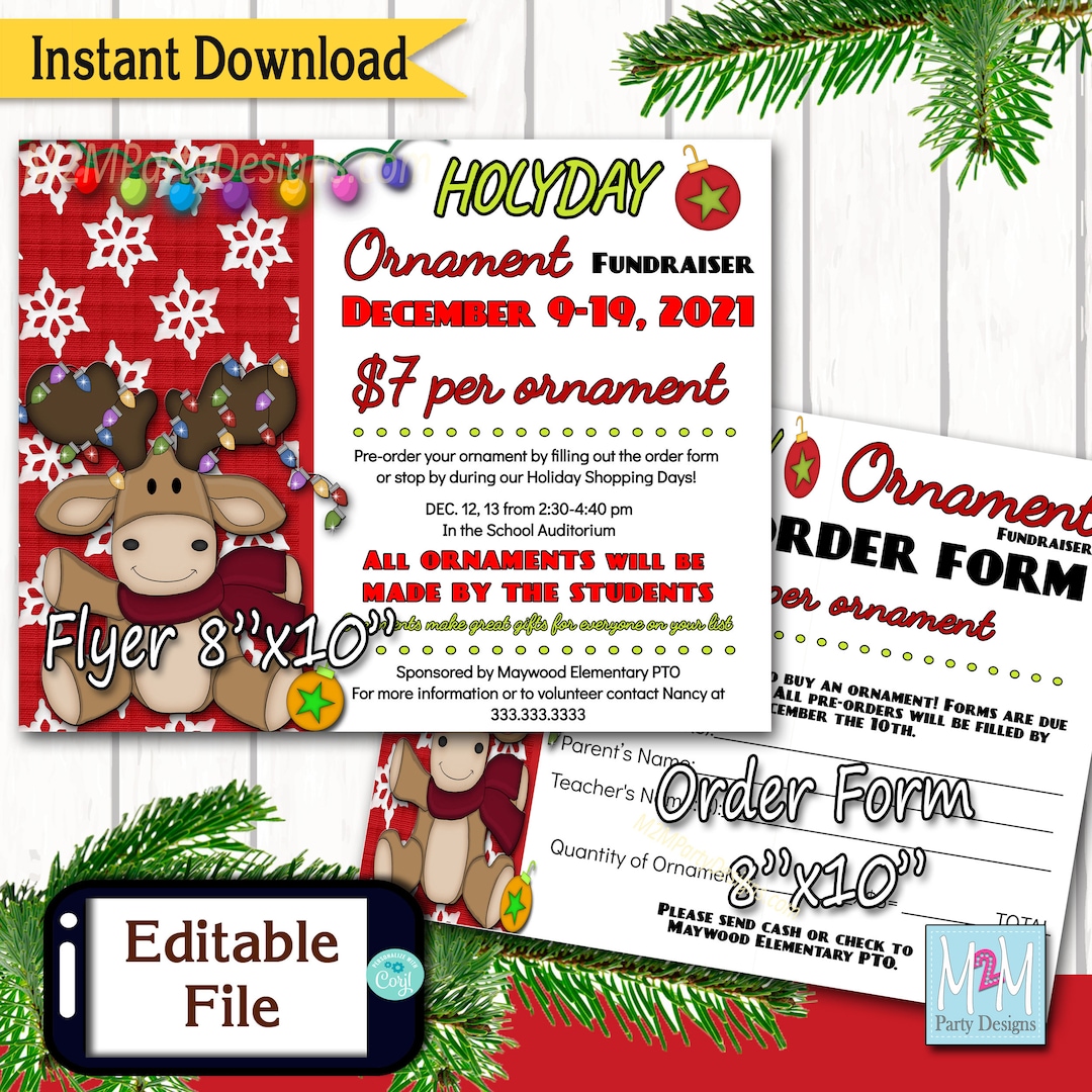 Holiday Ornament Fundraiser Flyer & Order Form (8x10 Editable File ...