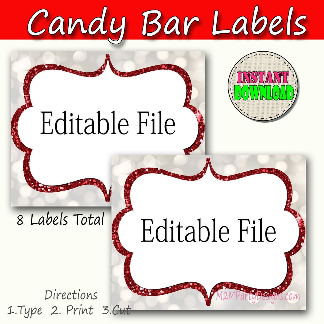 Candy Buffet Labels White and Glitter Red Print EDITABLE Card, Custom ...