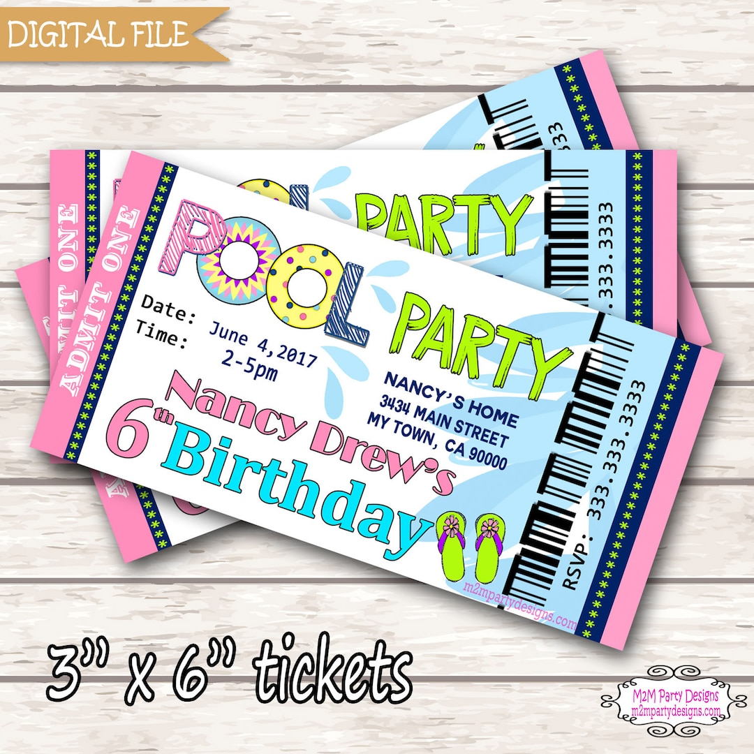 Girl Pool Party Ticket Invitations Personalized Printable Birthday ...