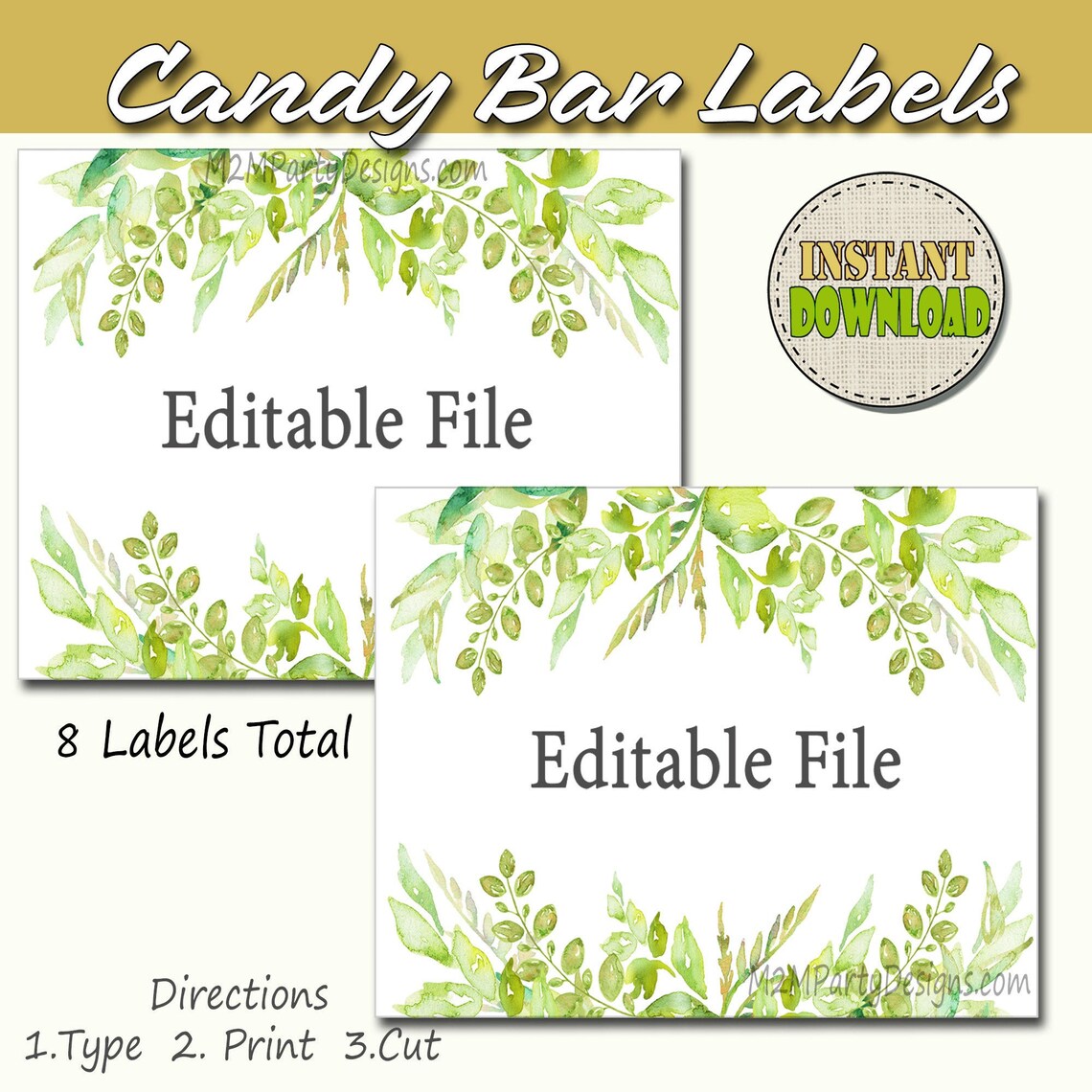Candy Buffet Labels Black Watercolor Leaves EDITABLE Card | Etsy