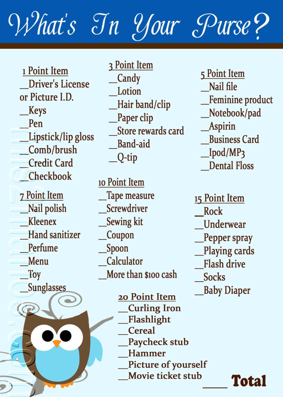 Baby Owl What's in Your Purse Baby Shower Game, Boy Blue Shower Game ...