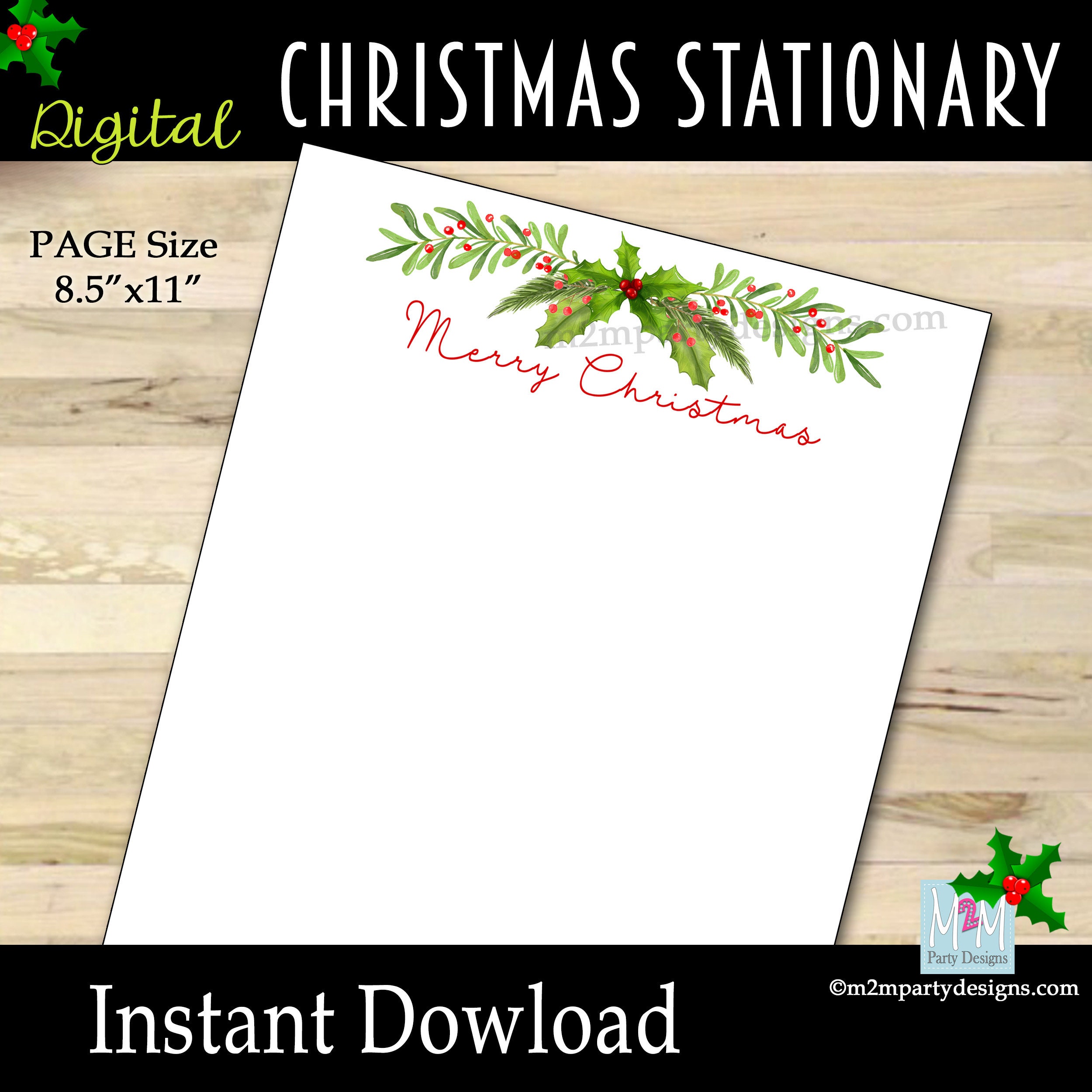 Printable Christmas Stationery: Holly Letter Paper (digital Download ...