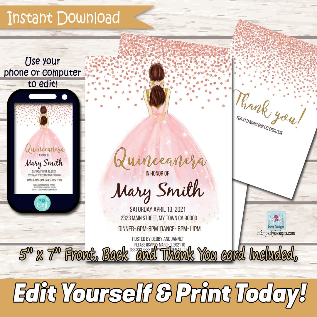 Sweet 15 Invitation, Quinceanera Invitation Rose Gold Pink Dress ...