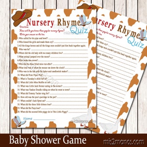 Nursery Rhyme Quiz Game Western Baby Shower Printable Baby Shower Game ...