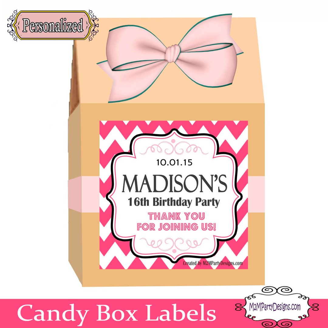 Party Favor Gift Box Labels (personalized) Set of 4 Hot Pink Chevron ...