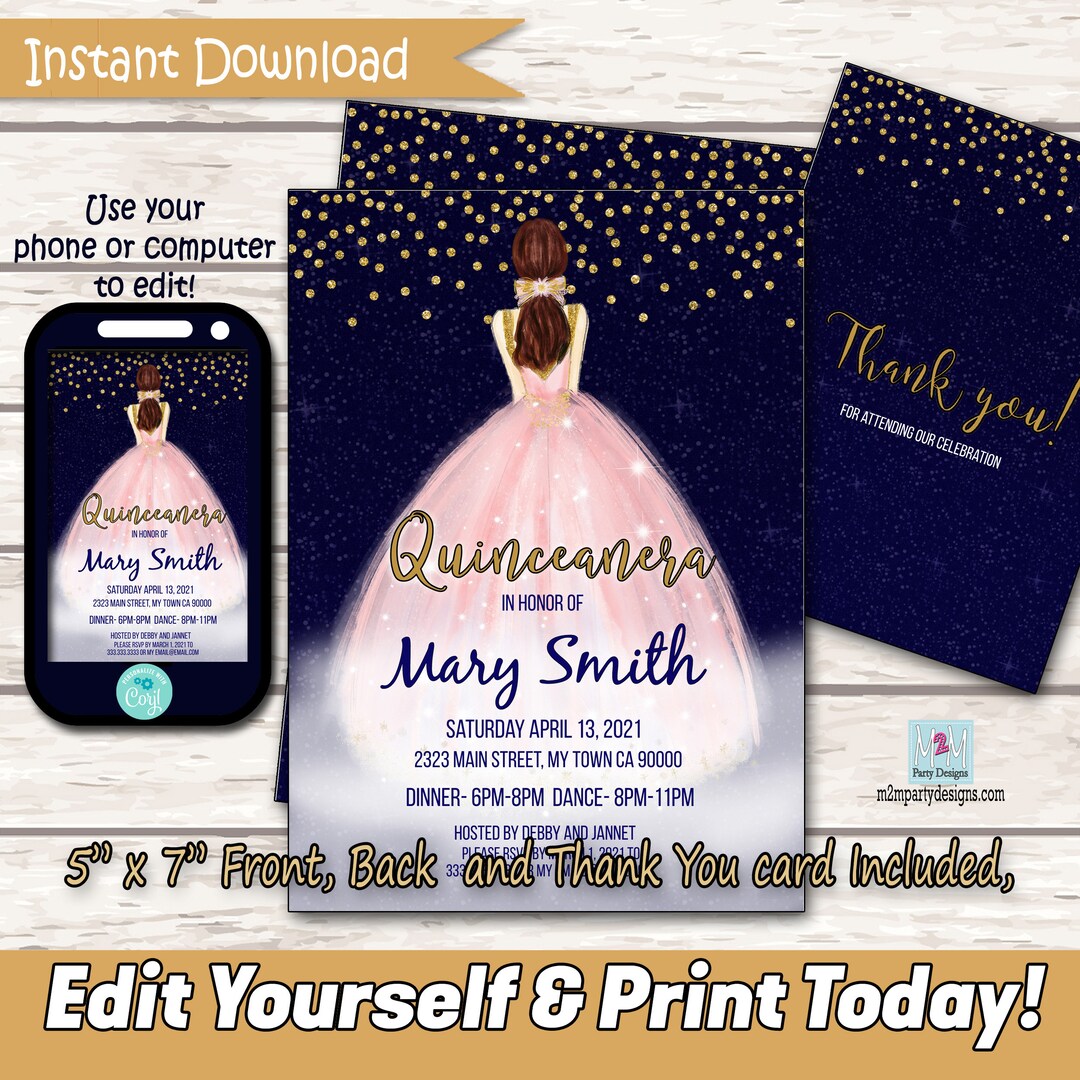 Sweet 15 Invitation, Quinceanera Invitation Starry Night Gold Dress ...