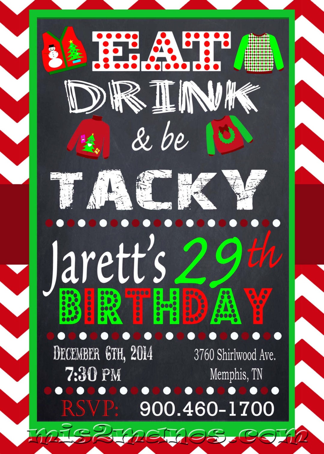 Tacky Sweater Party Invitation Chevron Red Chalkboard Uly Sweater ...