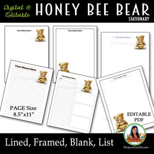 Honey Bee Bear Editable Notepaper, Letter Size Printable Stationery ...