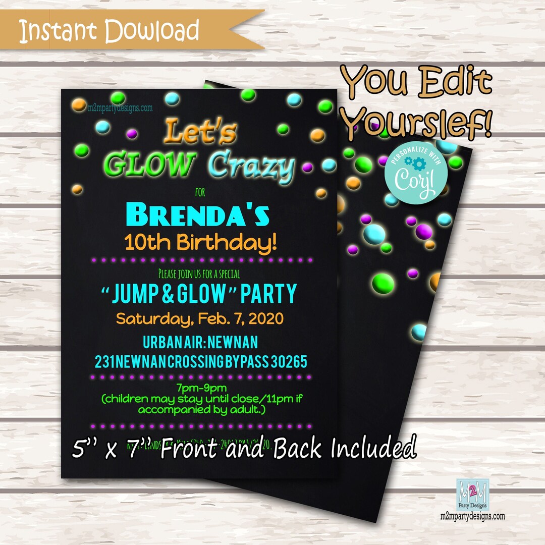Glow Party Birthday Invitation, Dance Invitation, Neon Glow in the Dark ...