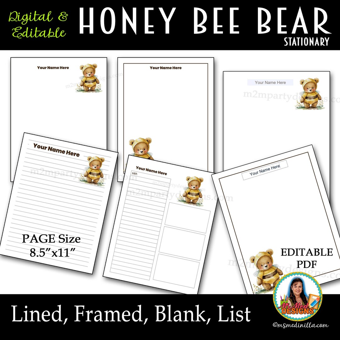 Honey Bee Bear Editable Notepaper, Letter Size Printable Stationery ...