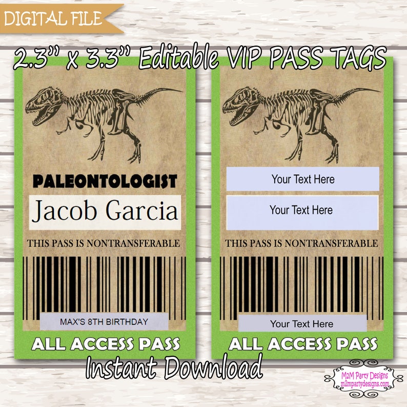 Dinosaur Party Vip Pass Digital Instant Download Set Of 9 - Etsy