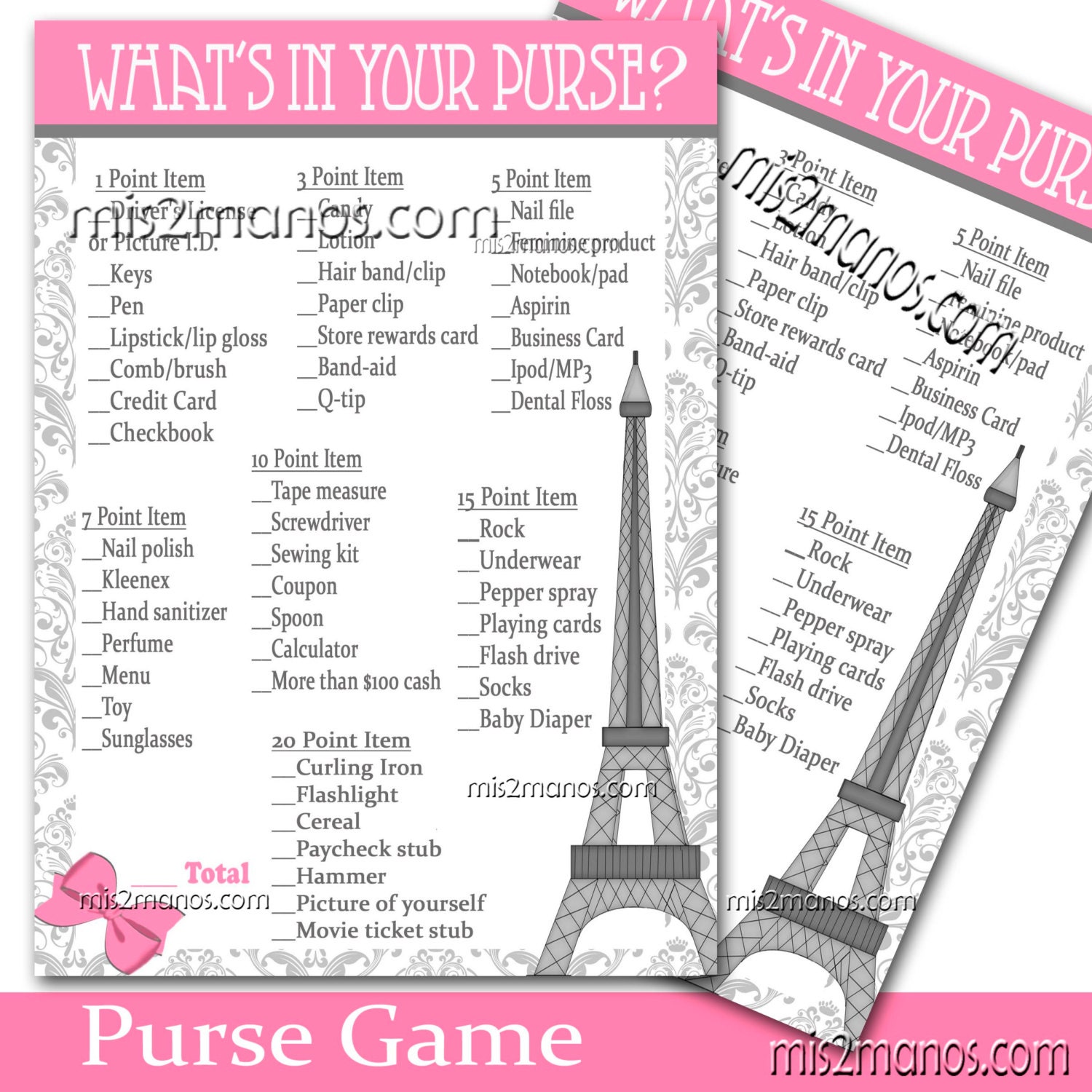Paris Baby Shower Game What's in Your Purse Baby Shower - Etsy