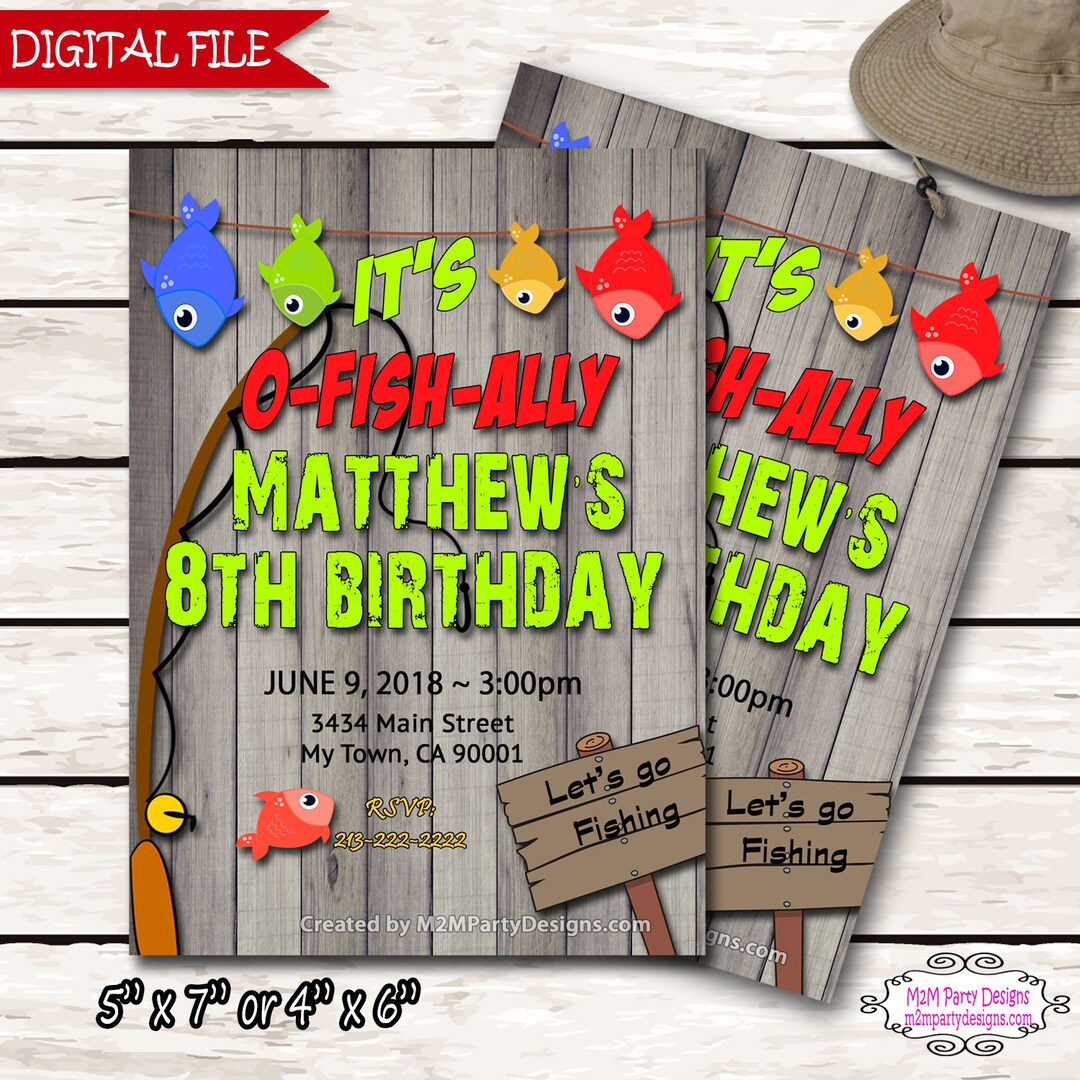 Fishing Birthday Party Invitations, Fish Themed Invite Wood Background ...