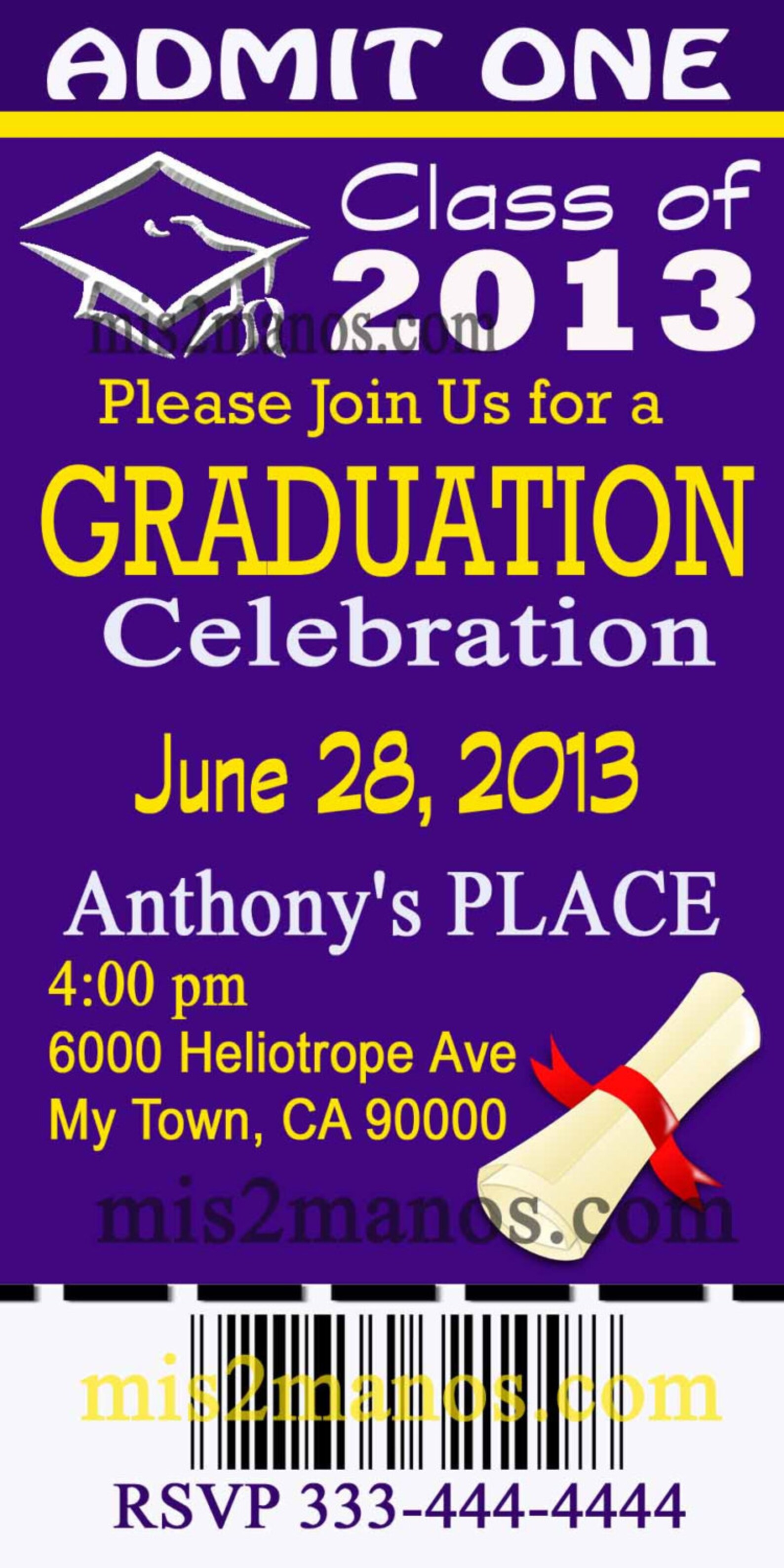 Graduation Ticket Invites Your School Colors Diy Printable Invitation ...